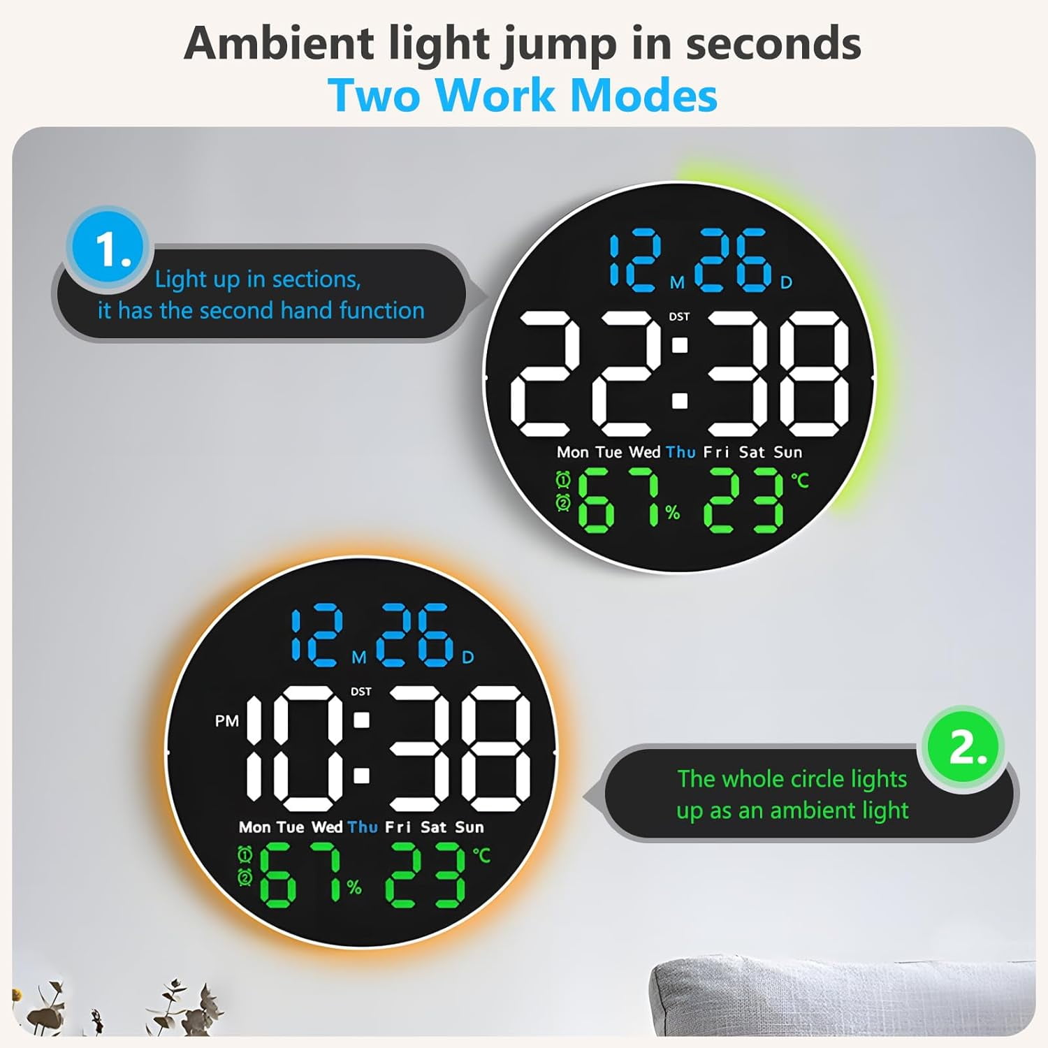 JINYUN-Digital Wall Clock, 10 inch Large LED Display Digital Clock with ...