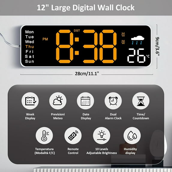 JINYUN-Digital Wall Clock, 12" Digital Clock with Remote Control, Date ...