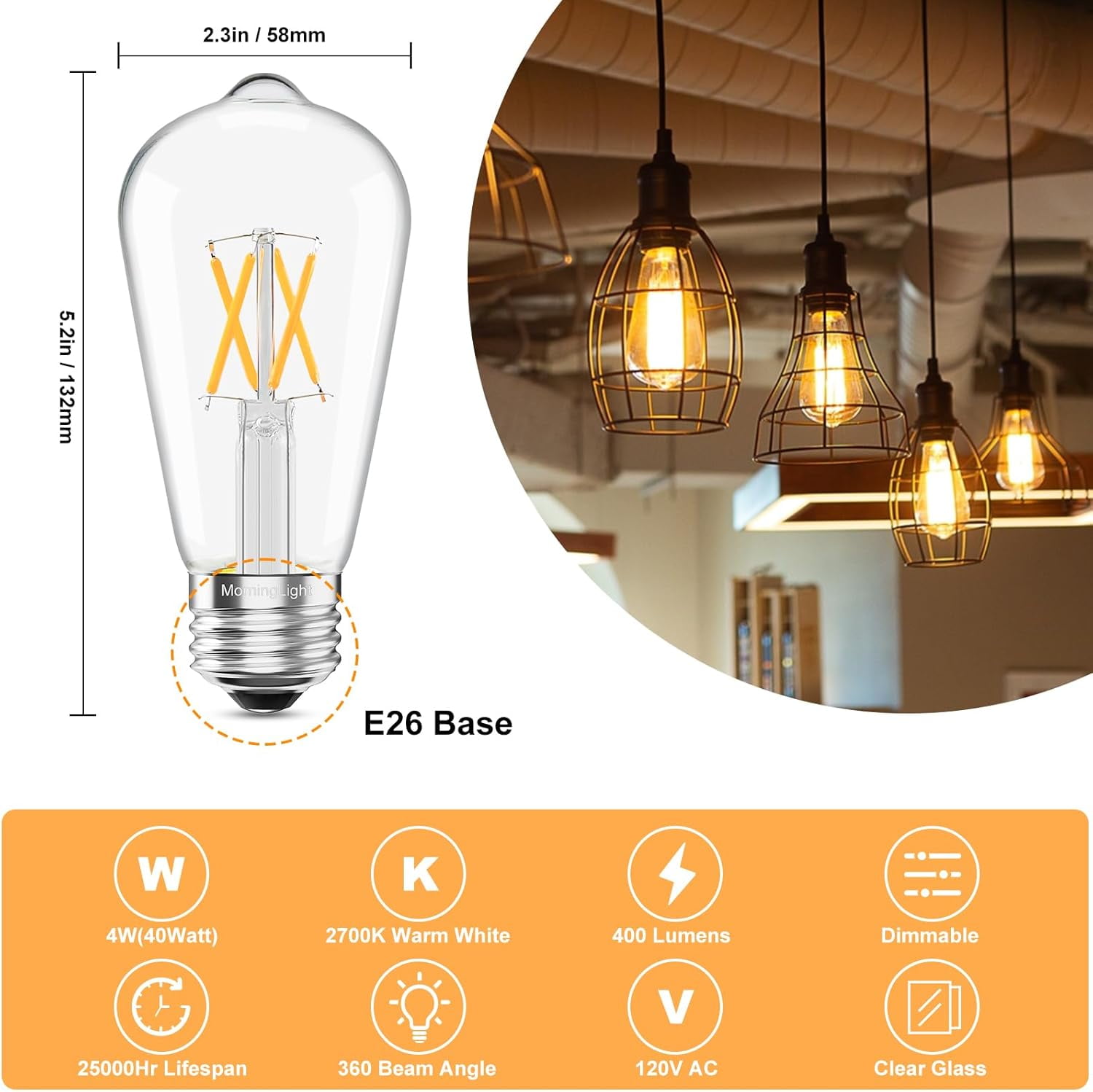 JINYUN-Dimmable Vintage LED Edison Bulbs 4W(Equivalent 40W), E26 LED ...