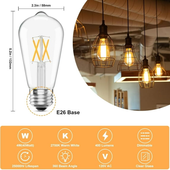 JINYUN-Dimmable Vintage LED Edison Bulbs 4W(Equivalent 40W), E26 LED ...