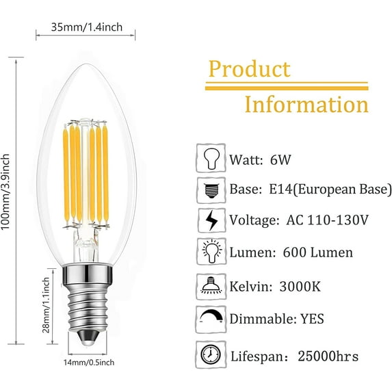 JINYUN-E14 Dimmable LED Bulb,110V 600Lumens 60W Equivalent Warm White ...