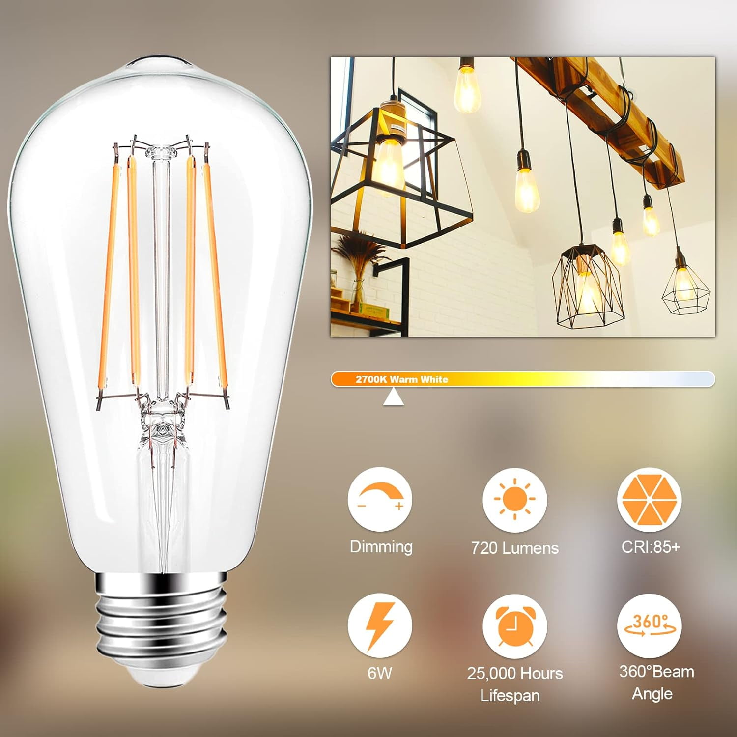 JINYUN-LED Light Bulbs Dimmable Vintage Edison Bulb, E26 LED Bulb 60W ...