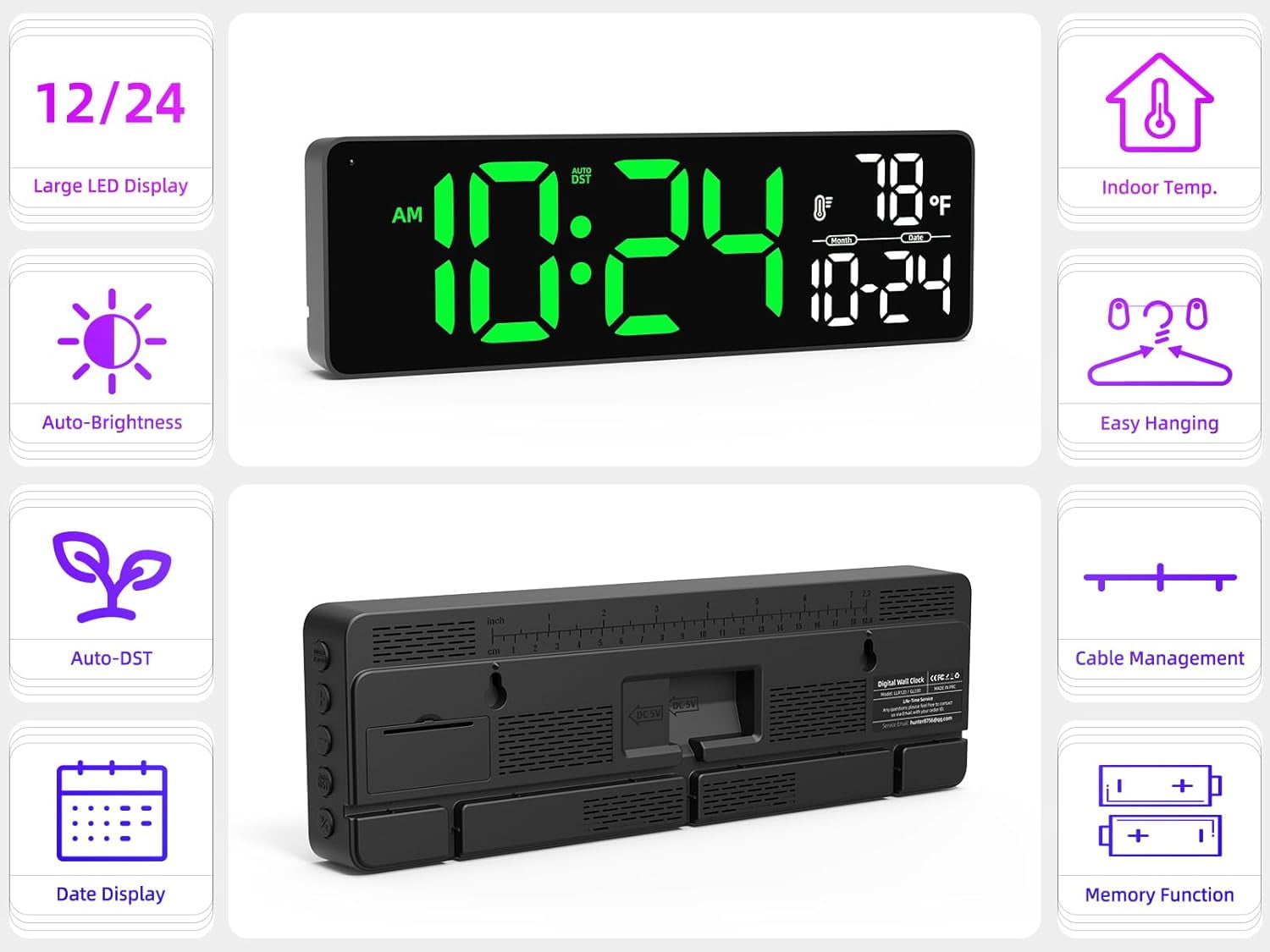 JINYUN-Large LED Digital Wall Clock with Date, Temperature, Auto ...