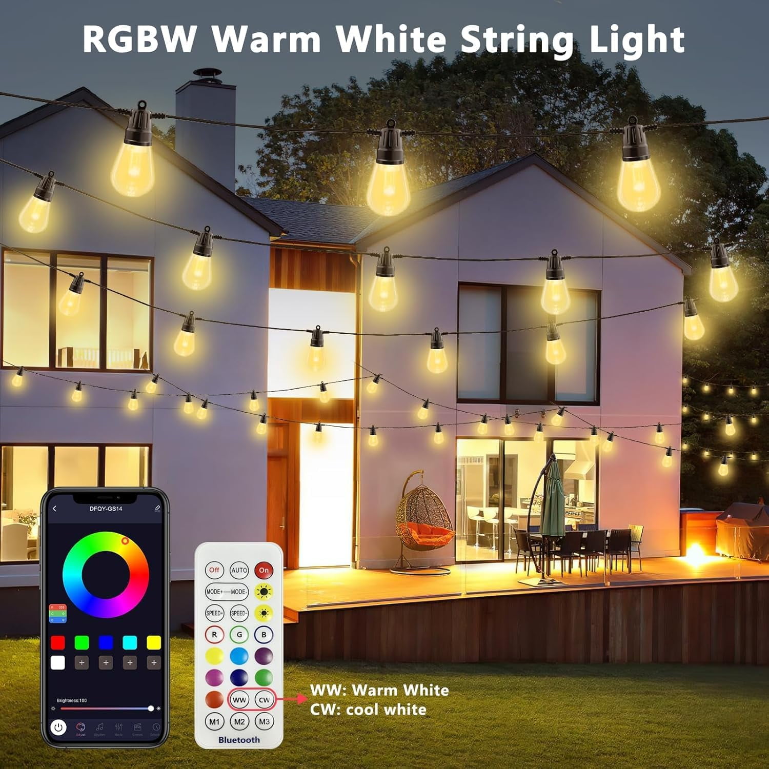 JINYUN-Outdoor String Lights 49FT, Smart Outdoor Light for Patio with ...