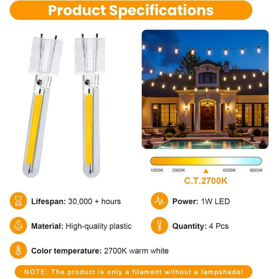 JINYUN-String Lights Replacement LED Bulb Filament 4 Packs,ST38 LED ...