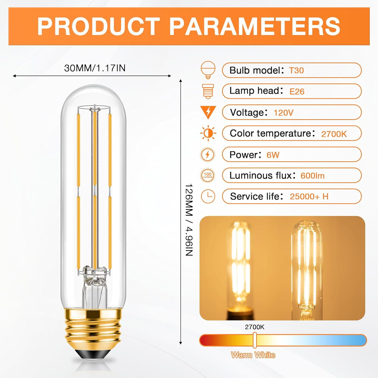 JINYUN-T30 LED Light Bulbs 6 Watt Equivalent 60W E26 Tubular Bulbs T10 ...