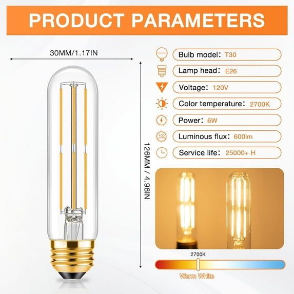 JINYUN-T30 LED Light Bulbs 6 Watt Equivalent 60W E26 Tubular Bulbs T10 ...