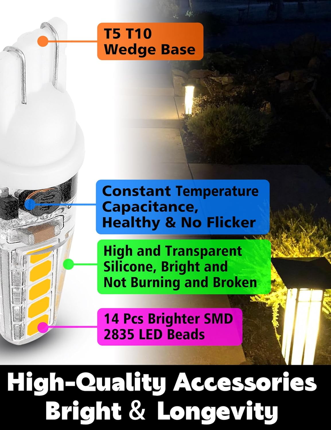 JINYUN-T5 T10 Wedge Base LED Landscape Bulbs 12 Volt Low Voltage 2W ...
