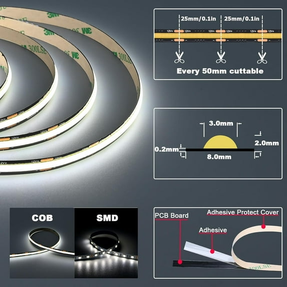 JINYUN-TOAPI Black 12V COB LED Strip 5000K Daylight White Dotless ...