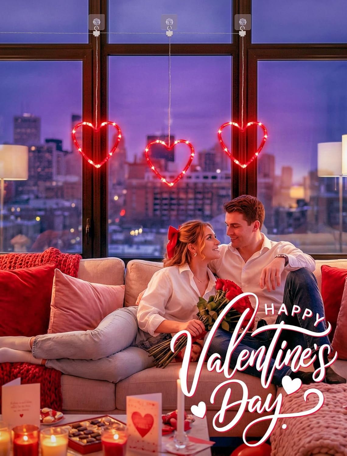 JINYUN-Valentine's Day Window Lights,3 30LED Heart Curtain String ...