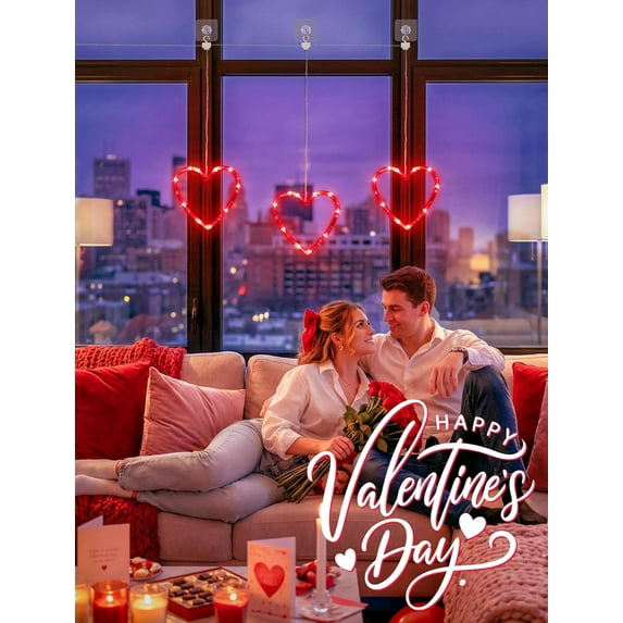 JINYUN-Valentine's Day Window Lights,3 30LED Heart Curtain String ...