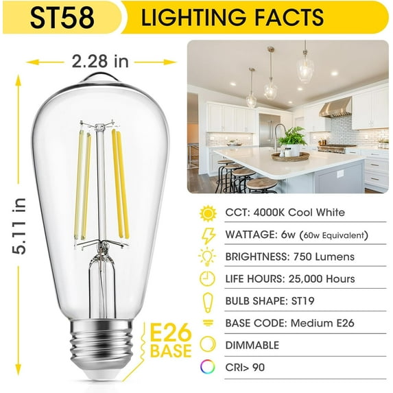JINYUN-Vintage LED Edison Bulbs, 6W, Equivalent 60W, High Brightness ...