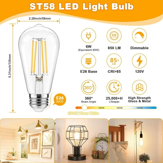 JINYUN-Vintage LED Edison Bulbs Dimmable, ST58 Filament Light Bulb 850 ...
