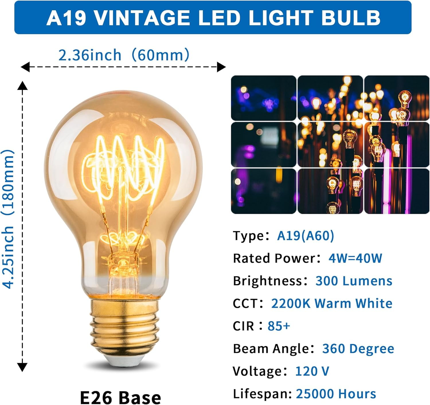 JINYUN-Vintage LED Edison Light Bulbs, A19 4W Dimmable Edison Bulbs ...