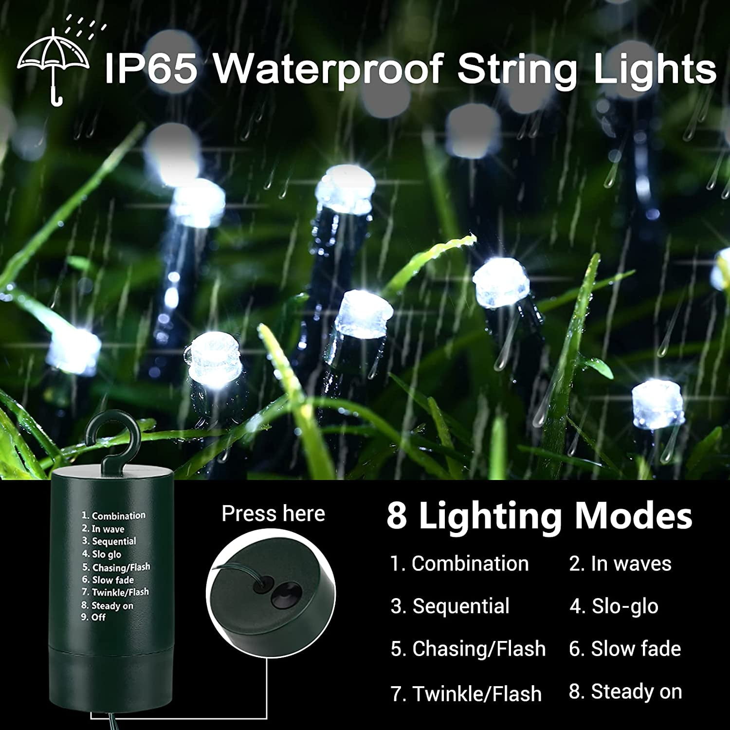 JINYUN-White Christmas Lights, 66 ft 200 LED Battery Operated String ...