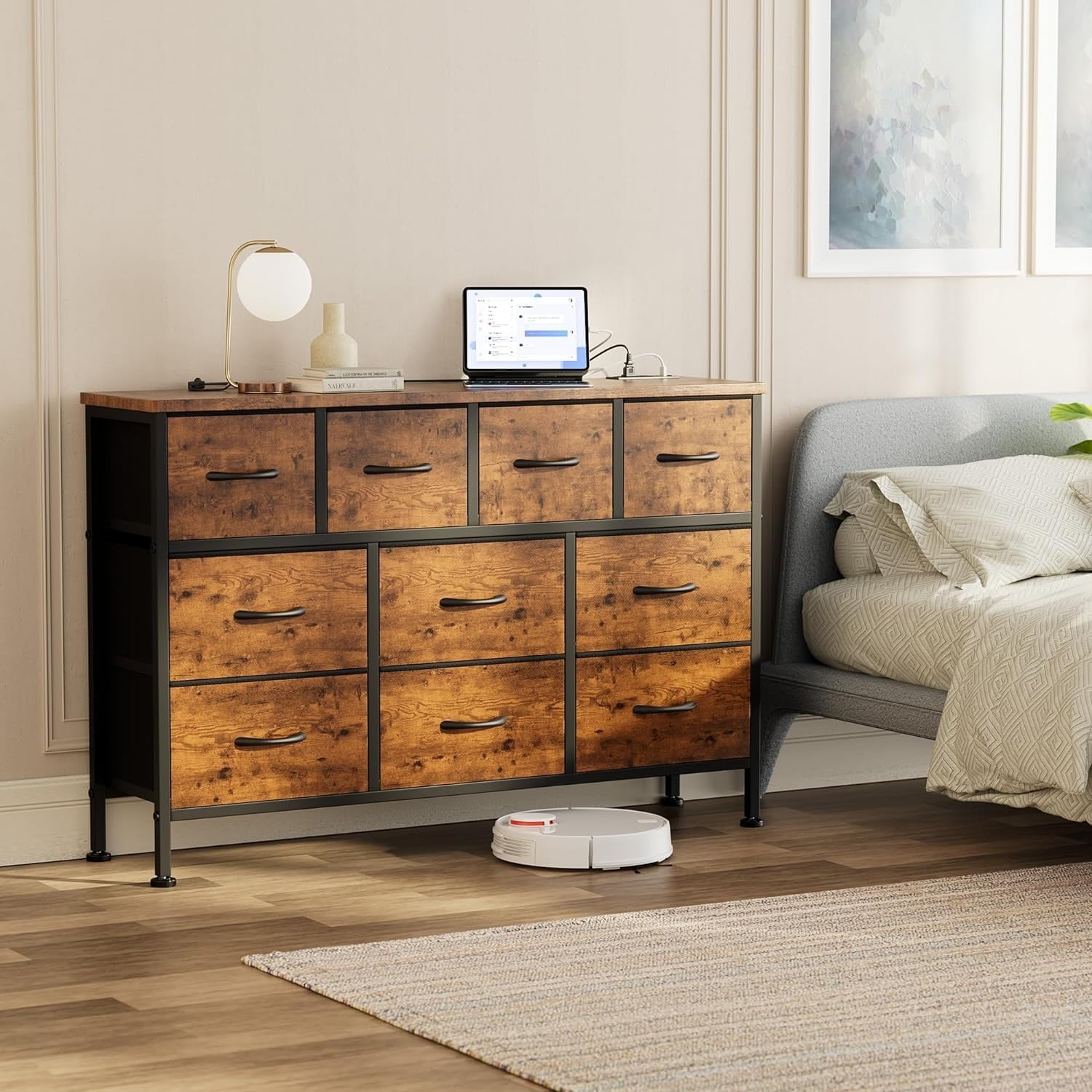 JINYUZHOU INC 10 Drawer Dresser Fabric 43.3" TV Stand Power Outlet Chest of Drawers Rustic Brown ...