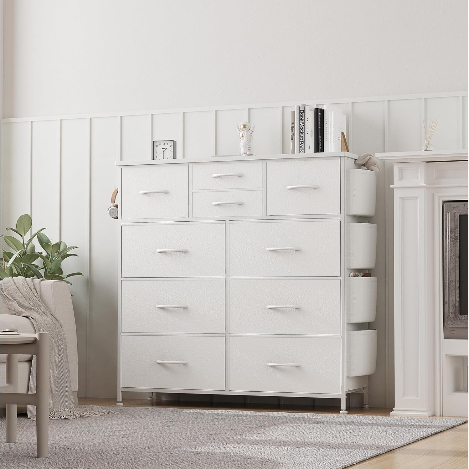 JINYUZHOU INC 10 Drawer Dresser Fabric Closet Storage Tower Organizer Unit Bedroom White PU ...