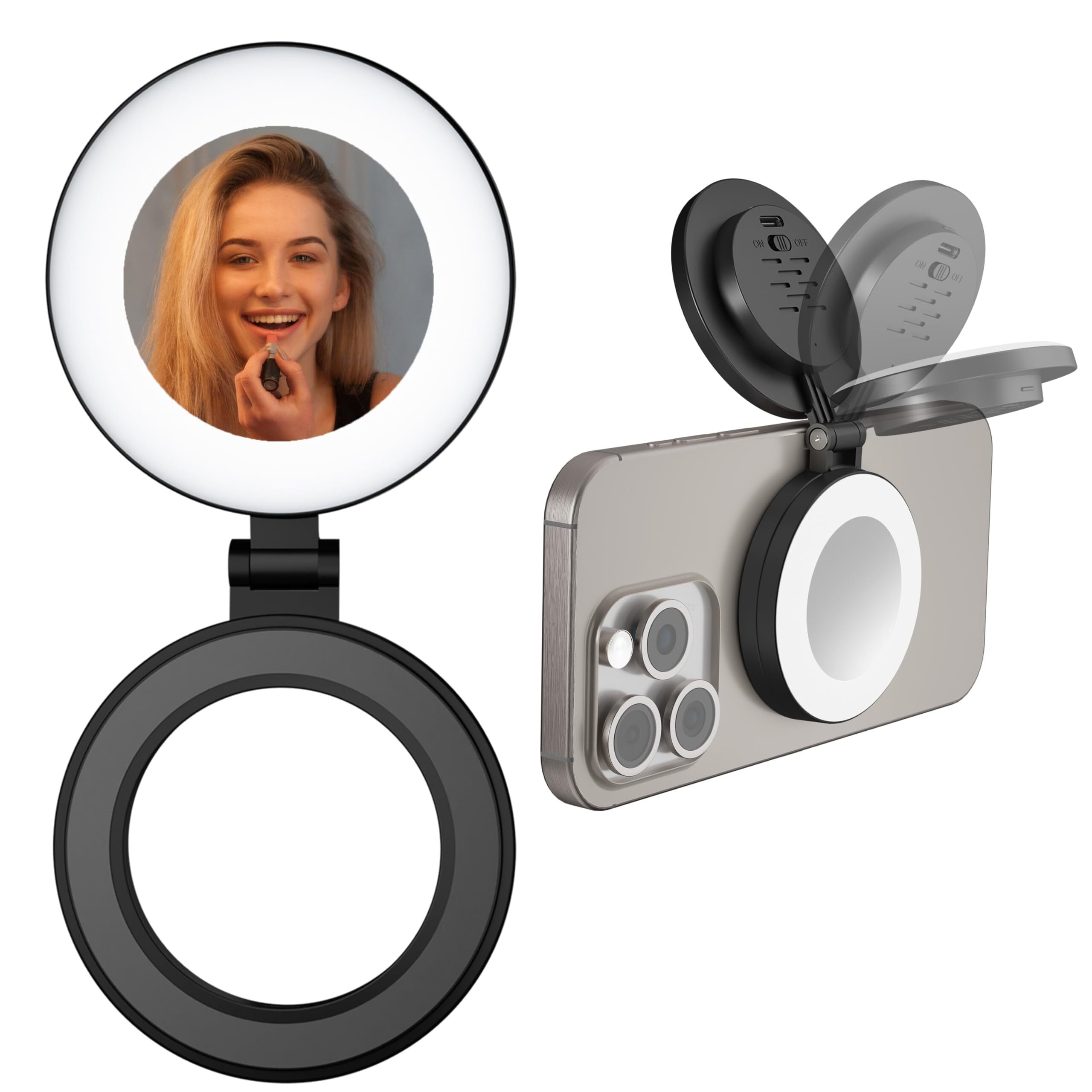 JINpf Magnetic Ring Light with Mirror for Phones, 3 Color Modes & Touch ...
