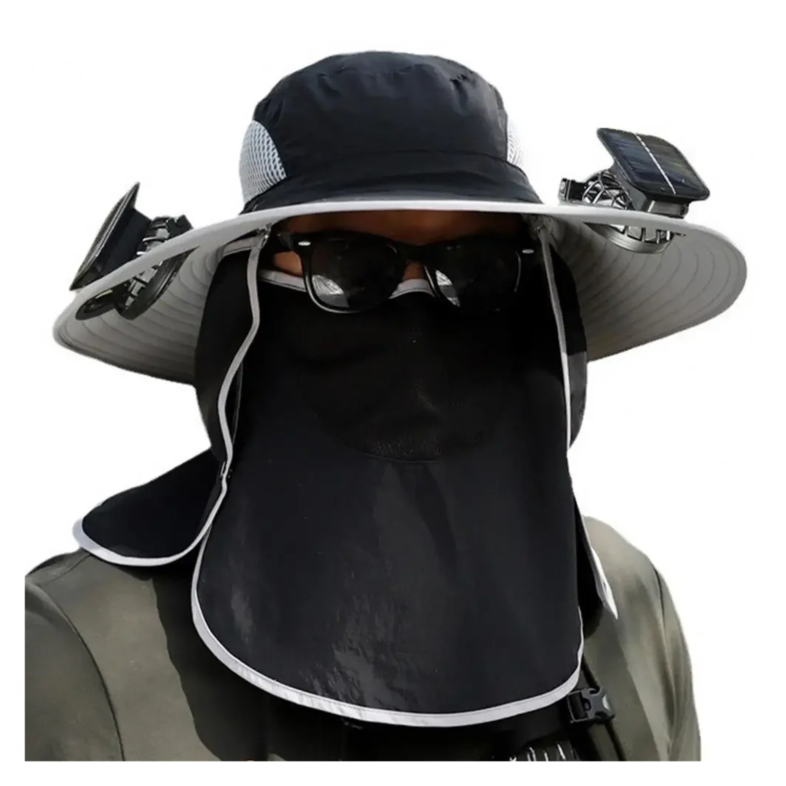JINpf Solar Fan Hat With Neck Flap Face Guard UV Cooling Fan Wide Brim ...