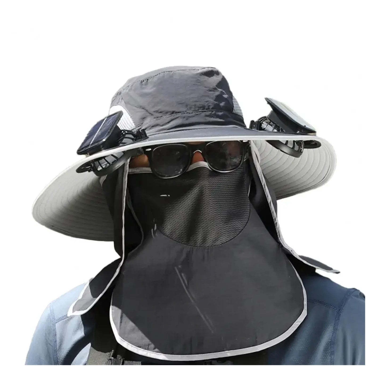 JINpf Solar Fan Hat With Neck Flap Face Guard UV Cooling Fan Wide Brim ...