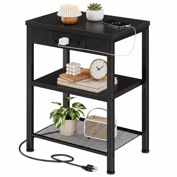 JIOABL 3-Tier Side Table with USB & AC Charging Station, Adjustable ...