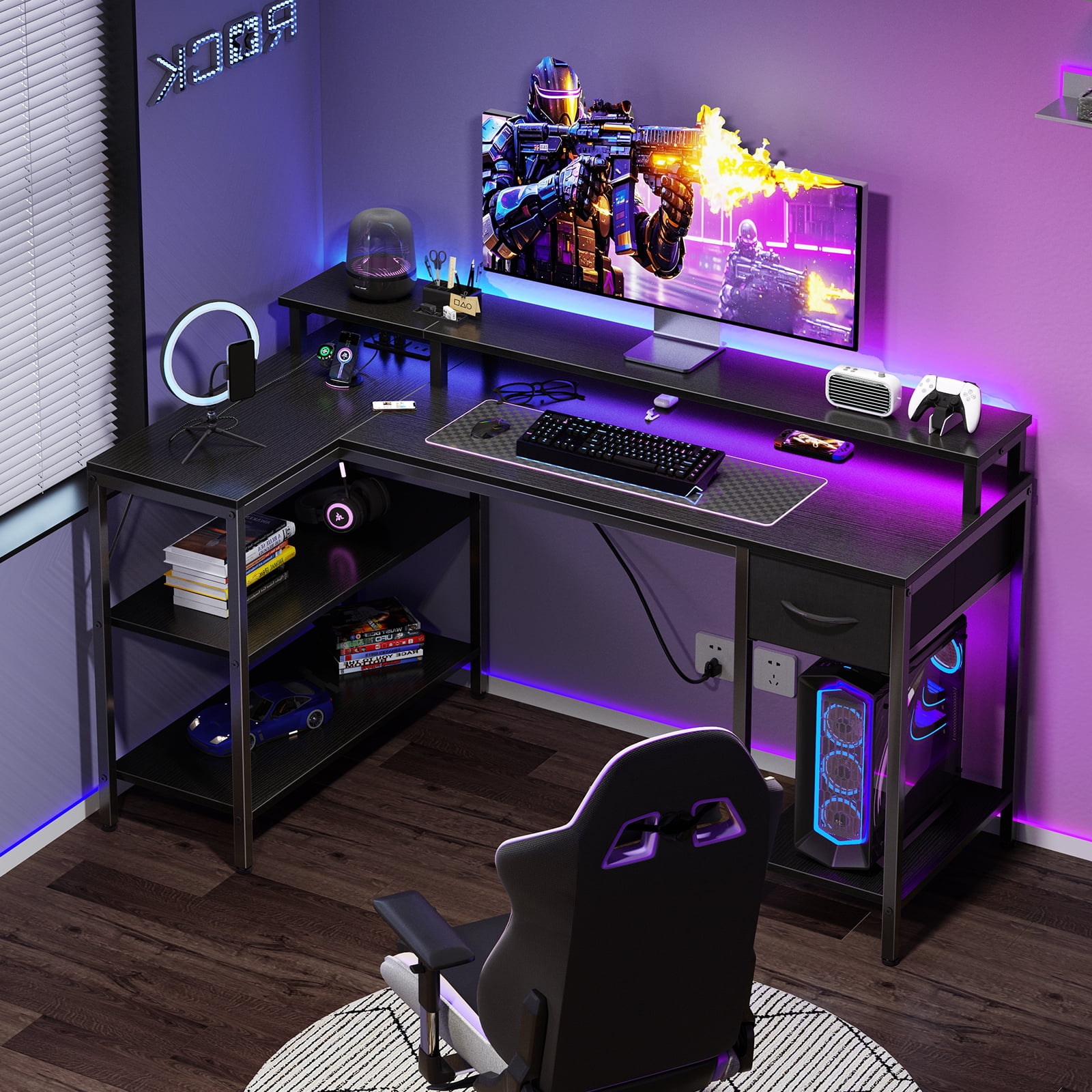 JIOABL 47" L Shaped Computer Gaming Desk with USB Charging Ports & LED ...