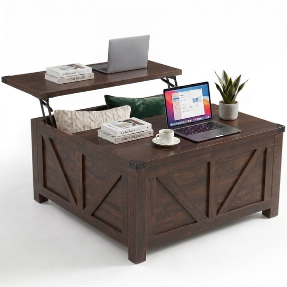 JIOABL Farmhouse Lift Top Coffee Table with Charging Station and Hidden ...