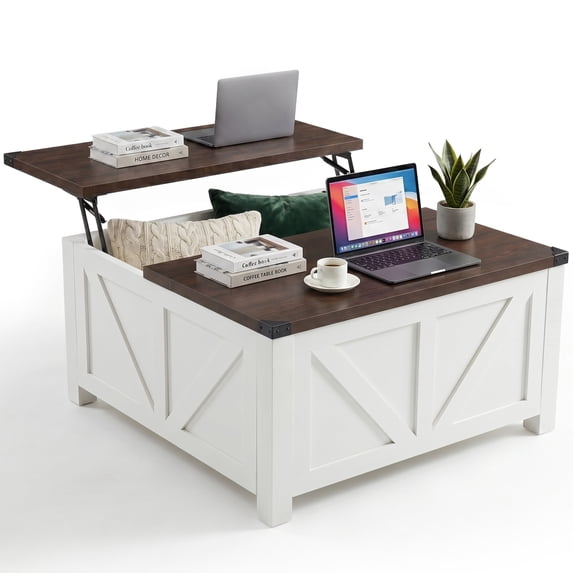 JIOABL Farmhouse Lift Top Coffee Table with Charging Station and Hidden ...