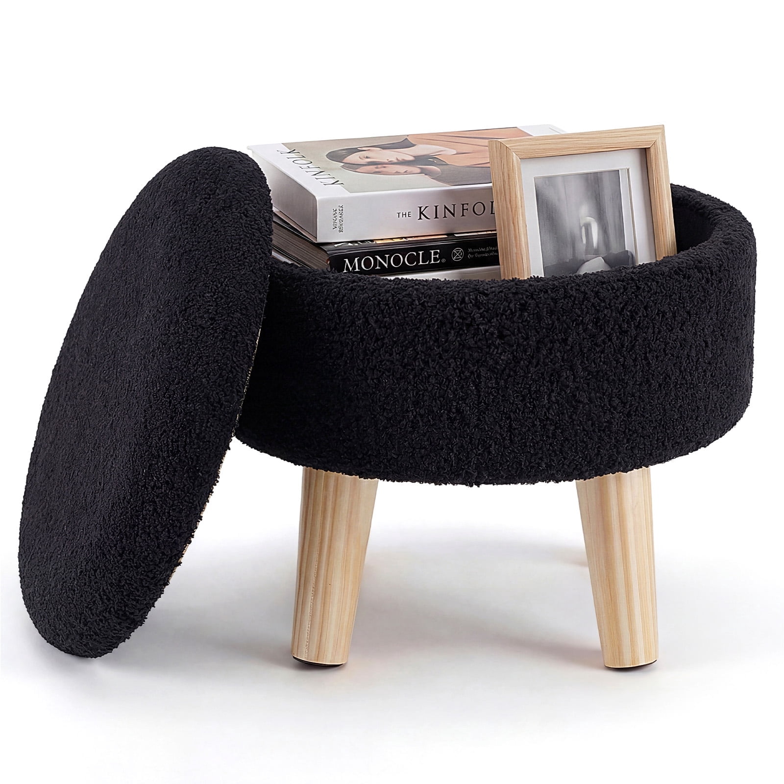 JIOABL Ottoman with Storage, 350lbs Capacity, Soft Teddy Fabric, Round ...