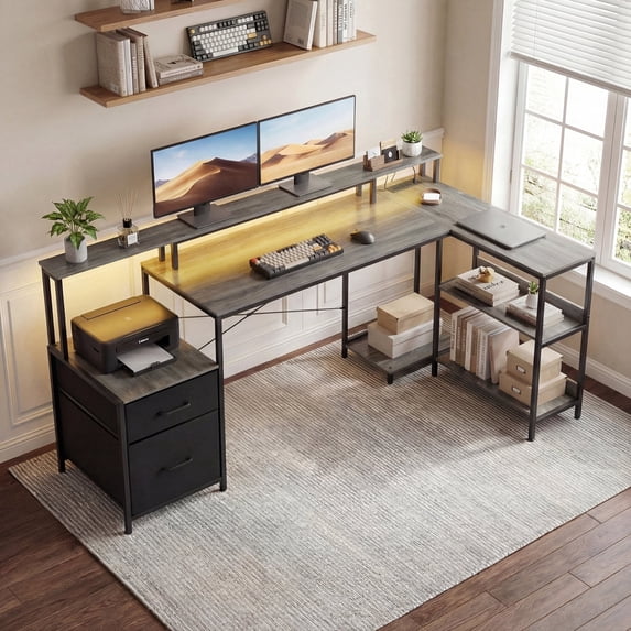 JIOABL Reversible L-Shaped Office Desk with Power Outlet, LED Light ...