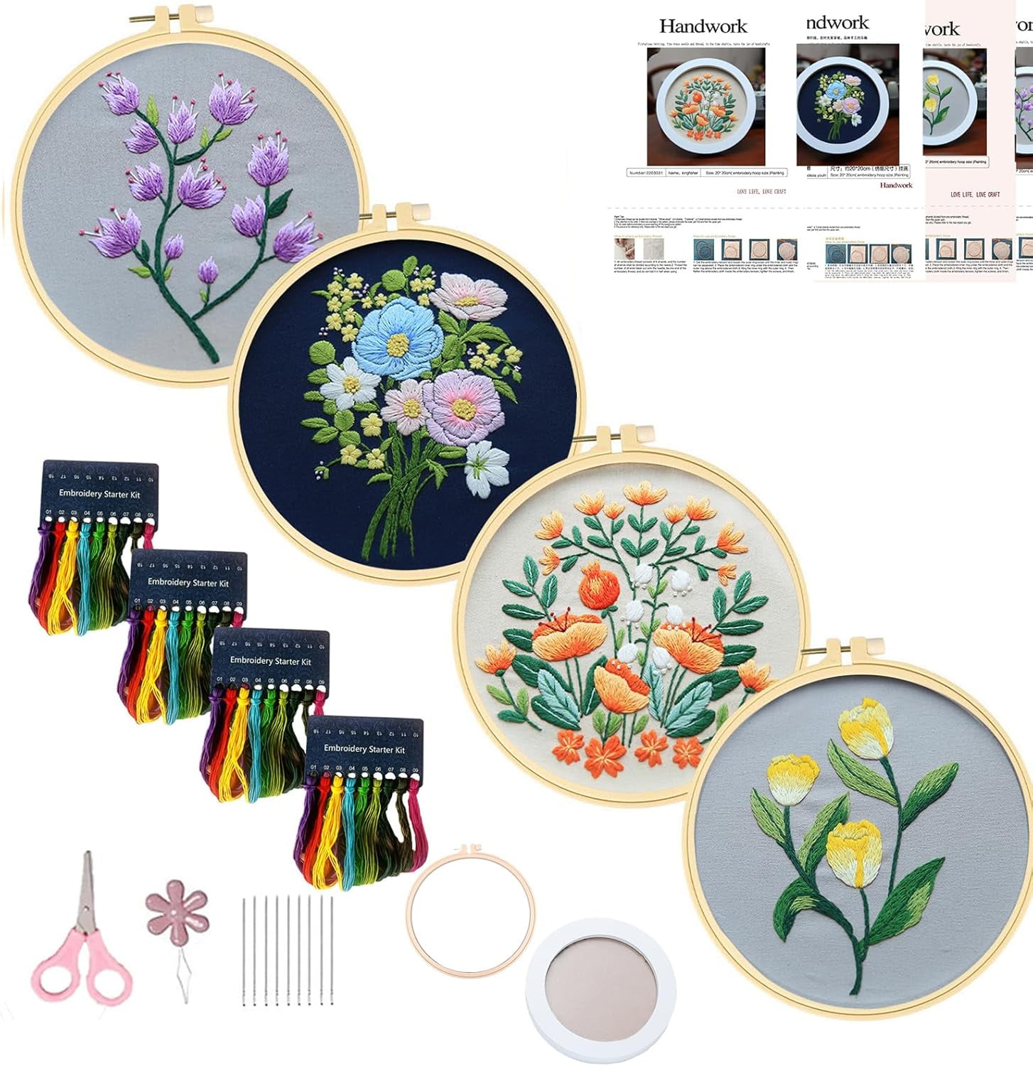 JISBEIFHA 4 Sets Embroidery Starter Kit with Pattern Instructions Cross ...