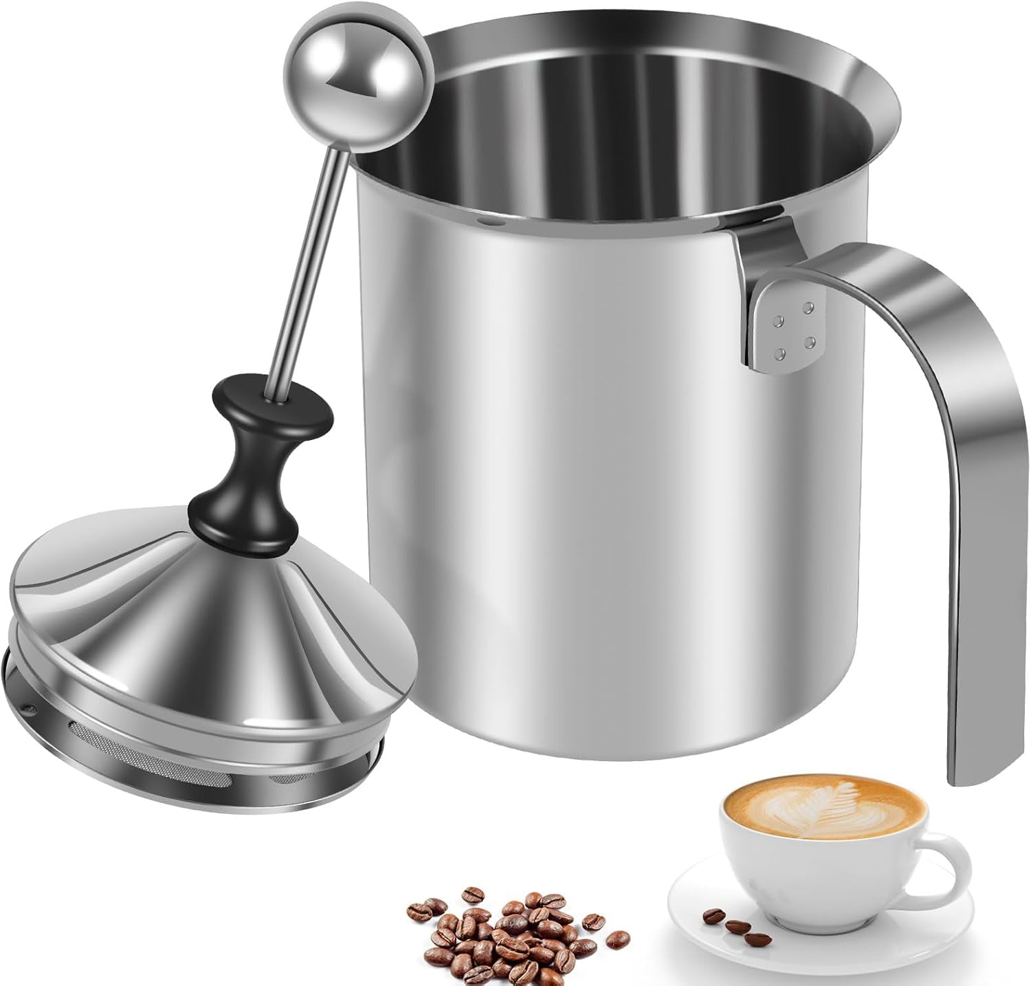 JISBEIFHA Manual Milk Frother 400ML 304 Stainless Steel Hand Pump Milk Foamer with Handle Lid ...