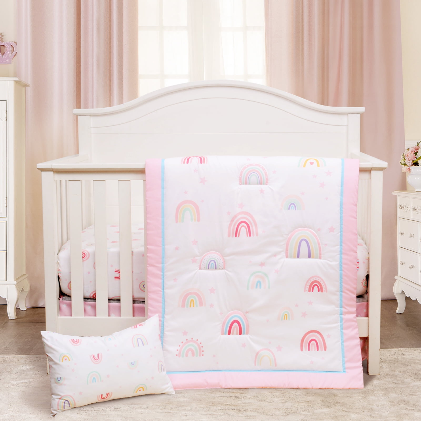 JISEN Newborn Baby Girl's Comforter Mini Nursery 4-Piece Crib Bedding ...