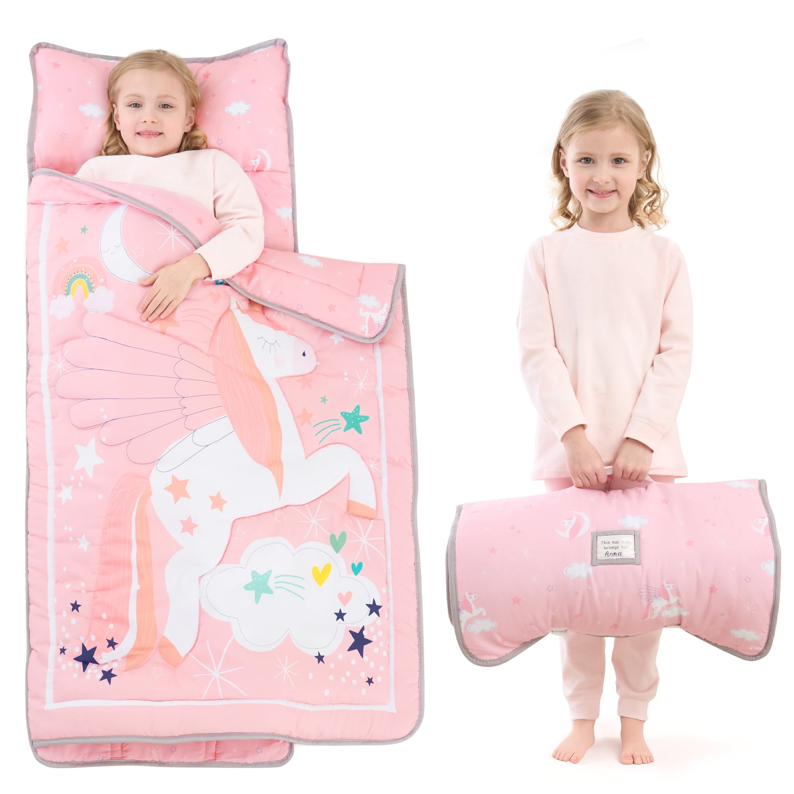JISEN Toddler Nap Mat with Blanket & Pillow - Unicorn Slumber Bag for ...