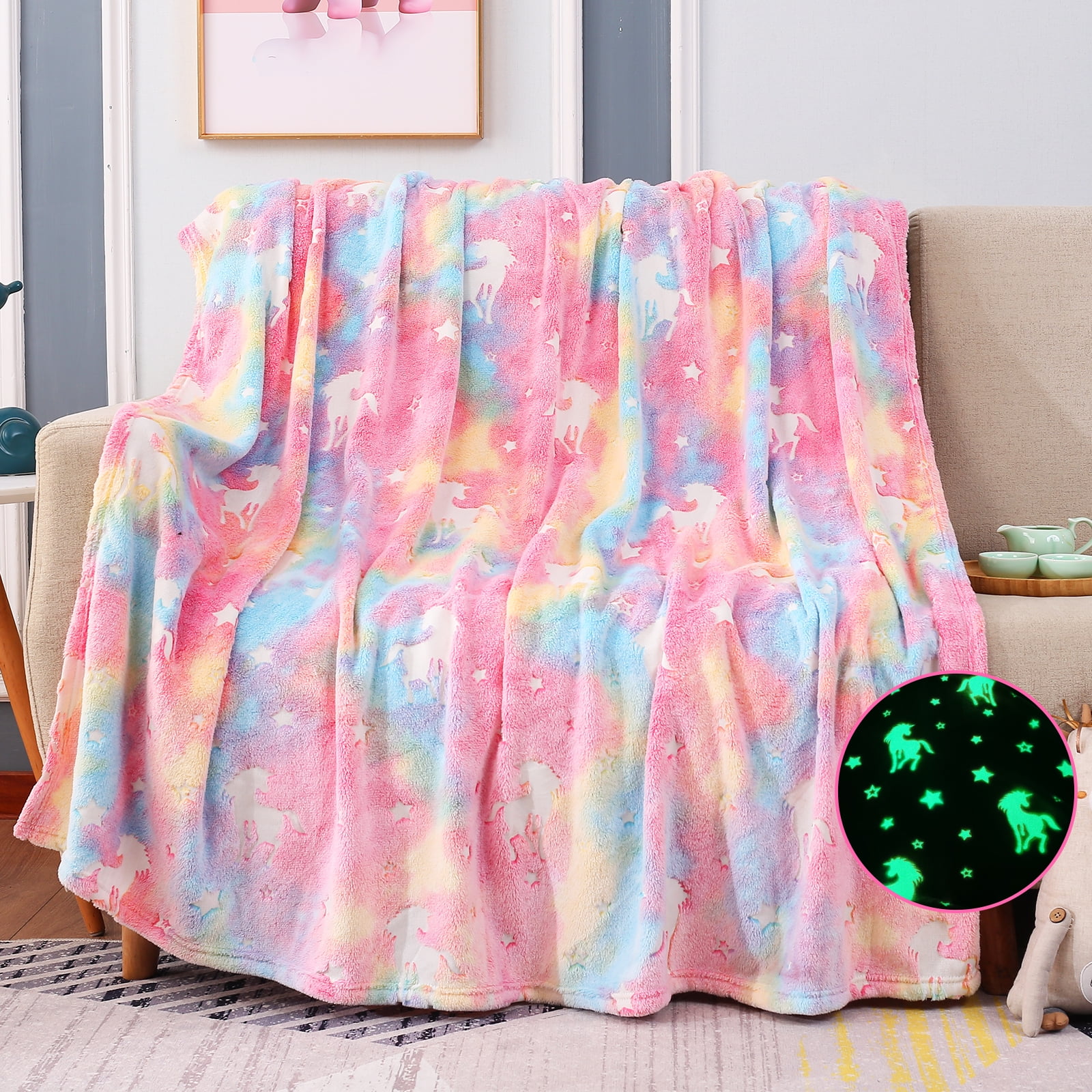 "JISEN Kids Comfy Light Plush Unicorn Glow-in-the-Dark Throw Blanket ...