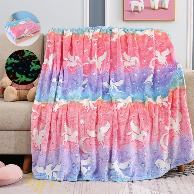 "JISEN Kids Comfy Light Plush Unicorn Glow-in-the-Dark Throw Blanket ...