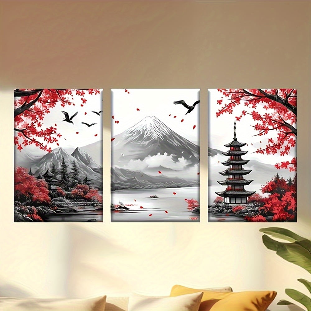 [JIT]3pcs, Canvas painting--Unframed, mountain scene with red leaves ...