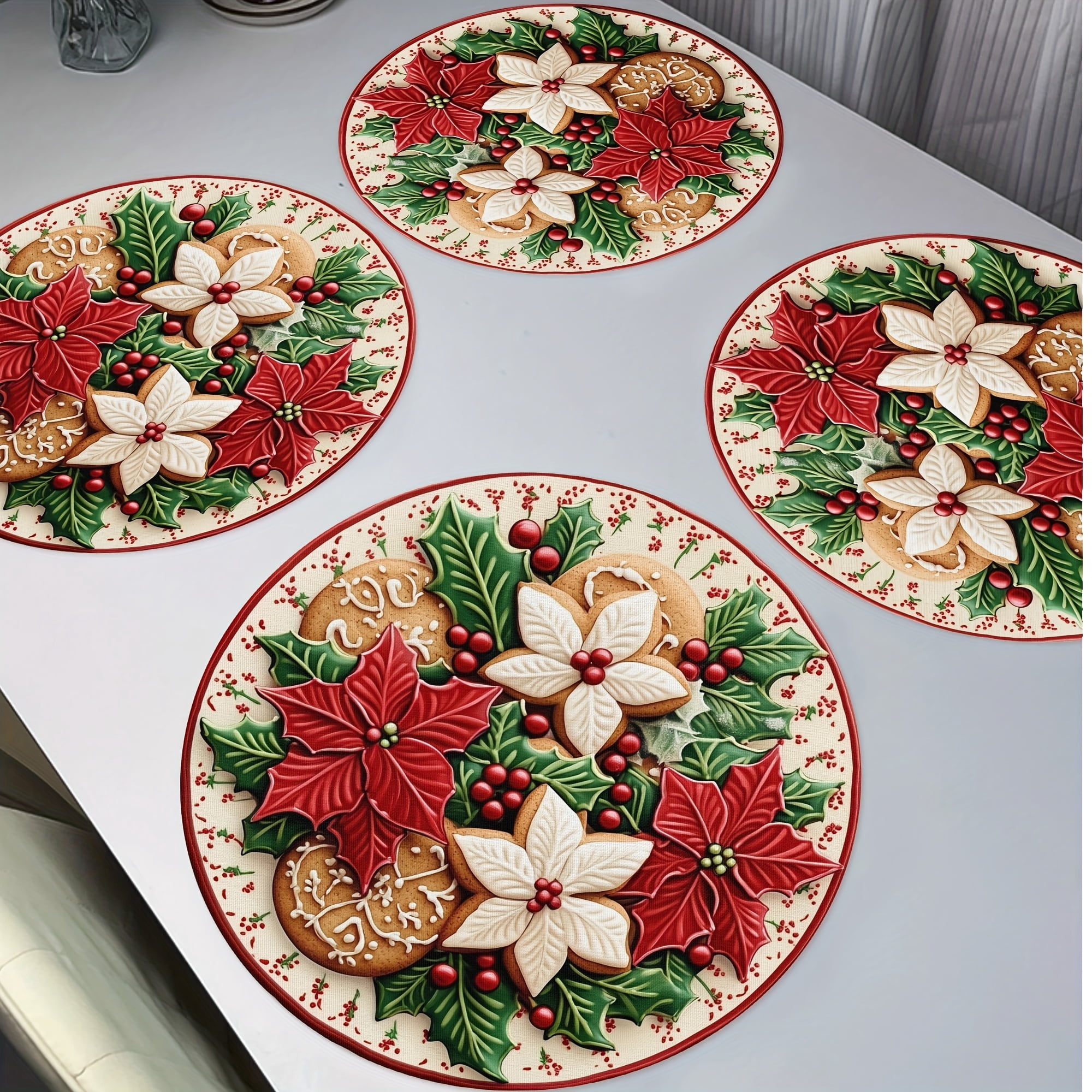 JIT Set of 4 Christmas Round Placemats, Polyester Knit Fabric Table ...