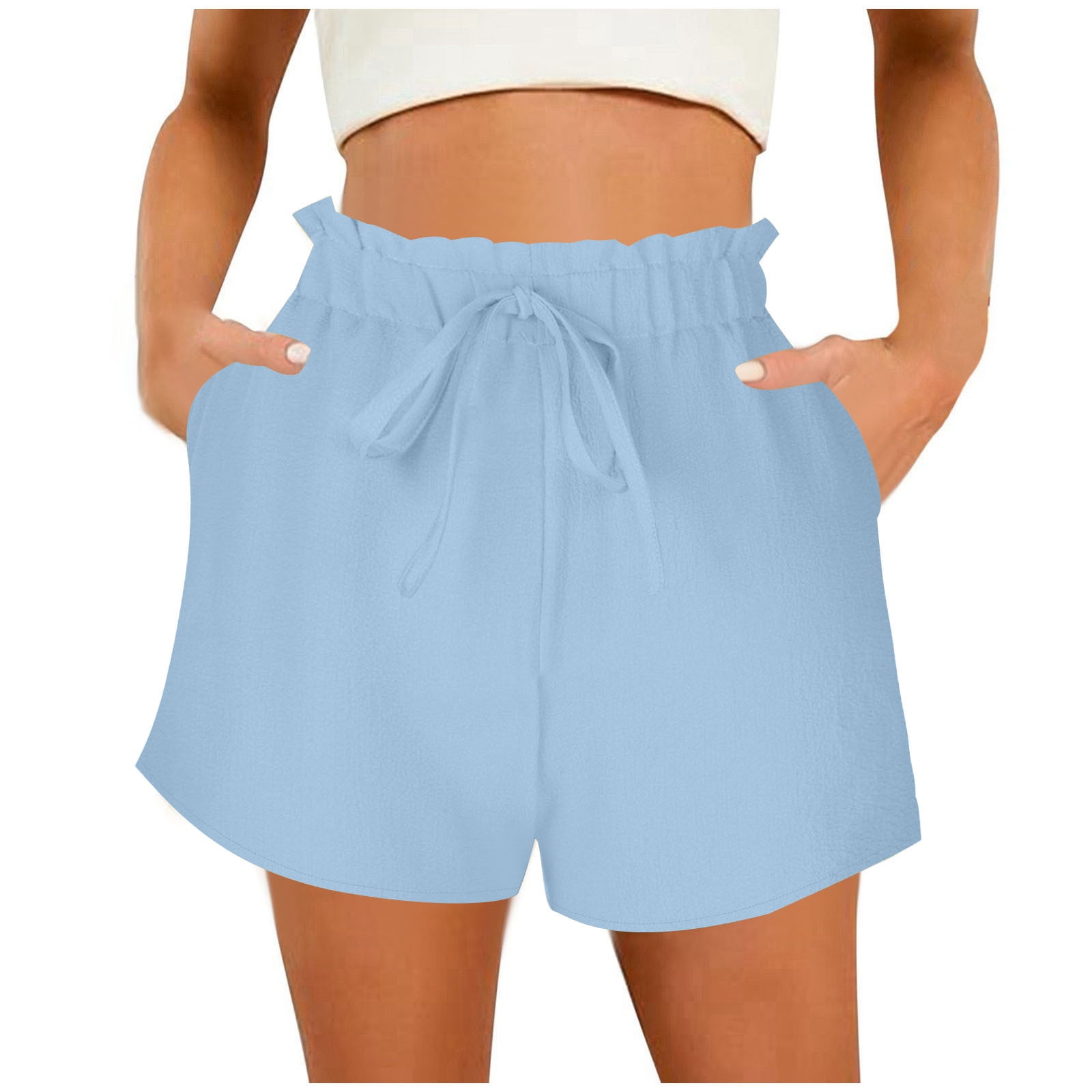 JIUKE Cotton Linen Shorts for Women High Waisted Smocked Ruffle Casual Shorts Wide Leg Beach ...
