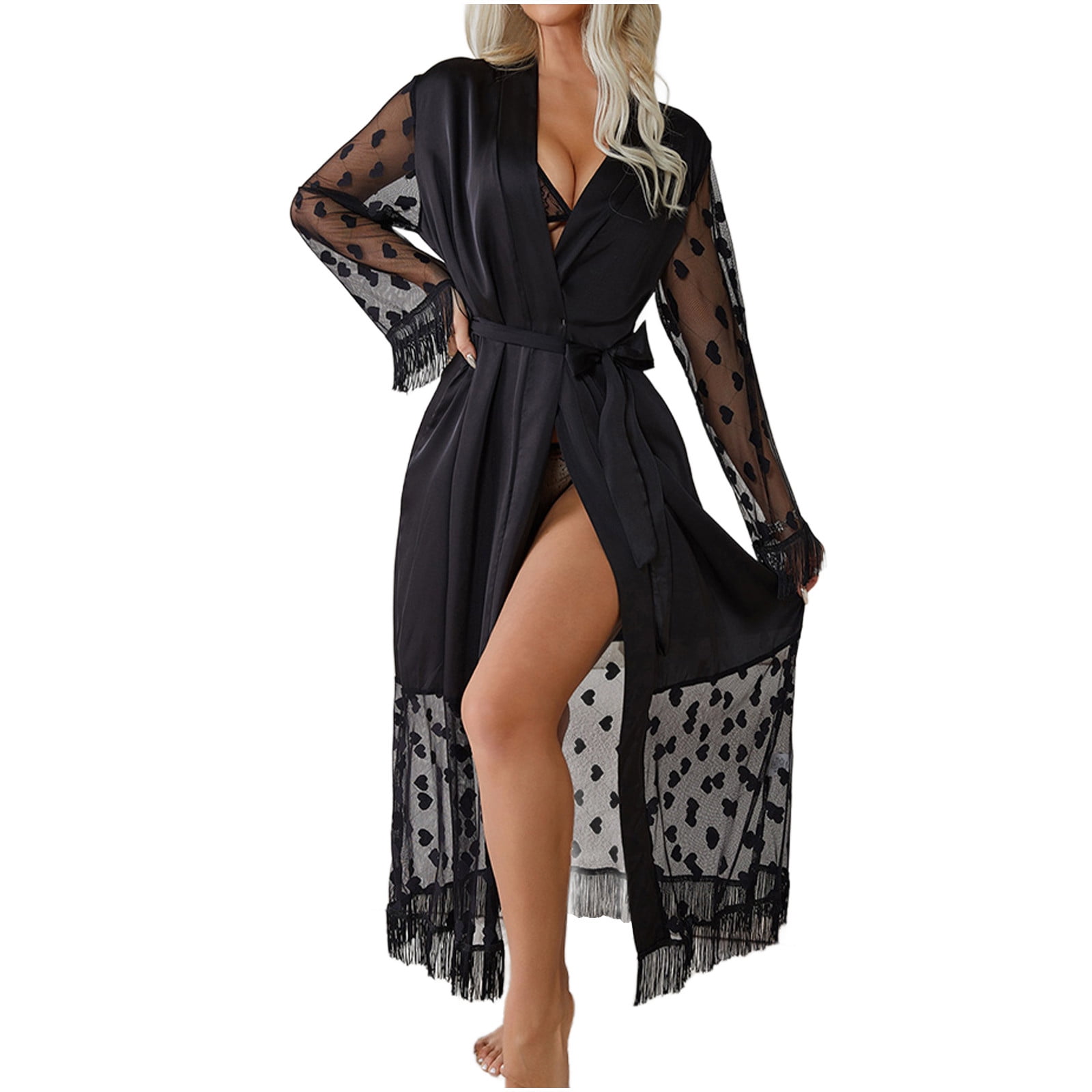 JIUKE JIUKE Womens Robes Long Lace Mesh Sheer Flare V Neck Party Club ...