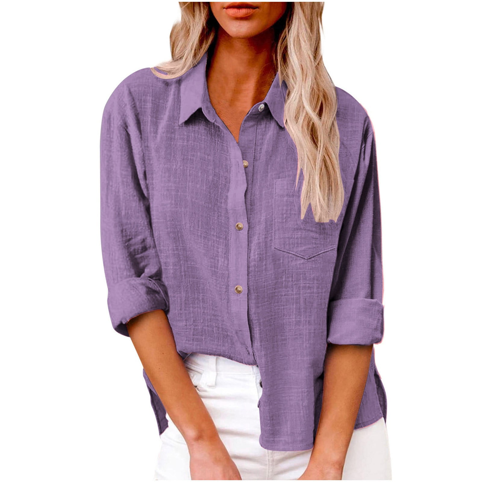 JIUKE Cotton Linen Shirts for Women Summer Long Sleeve Lapel Button down Shirt Lightweight Loose ...