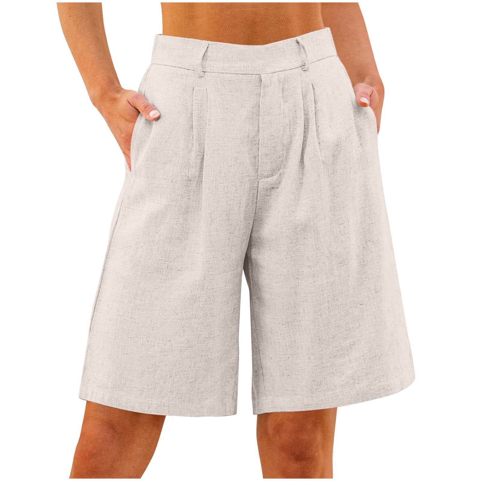 JIUKE Shorts for Women Cotton Linen High Waisted Knee Length Shorts ...
