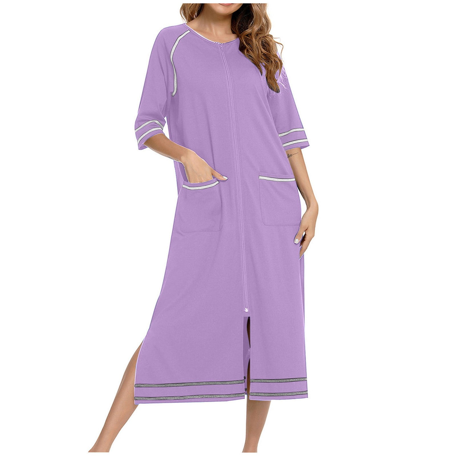 JIUKE Womens Robes 3/4 Sleeve Full Zipper Housecoat Loose Casual ...