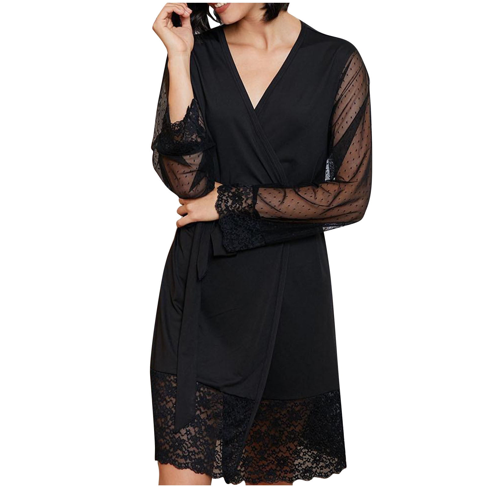 JIUKE Womens Robes Lace Satin Long Sleeve bathrobes Bride Wedding Party ...