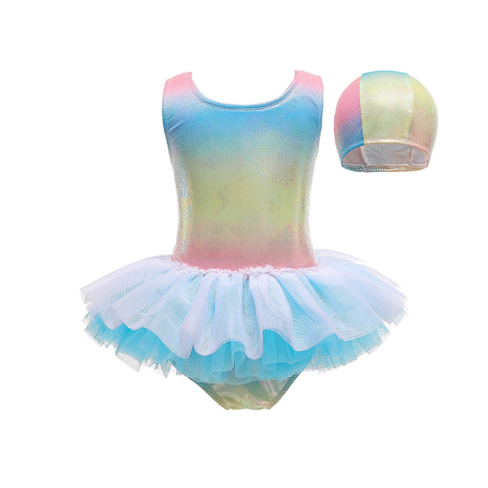 JIUWEN Girls One Piece Swimsuit Ballet Dress Swimwear Rainbow Bathing ...