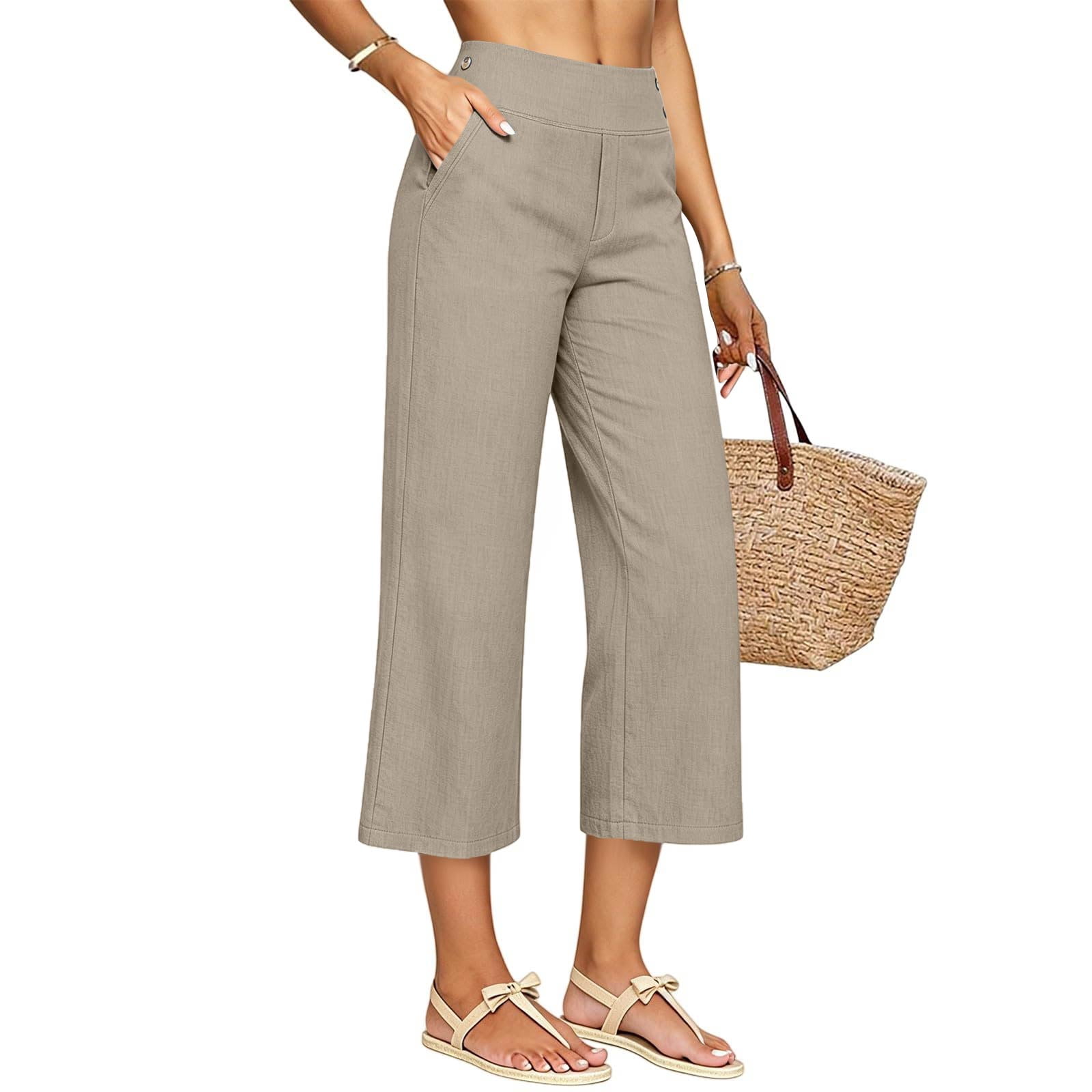 JIUWEN Women's Linen Pants Wide Leg Work Dress Pants Casual Slacks ...