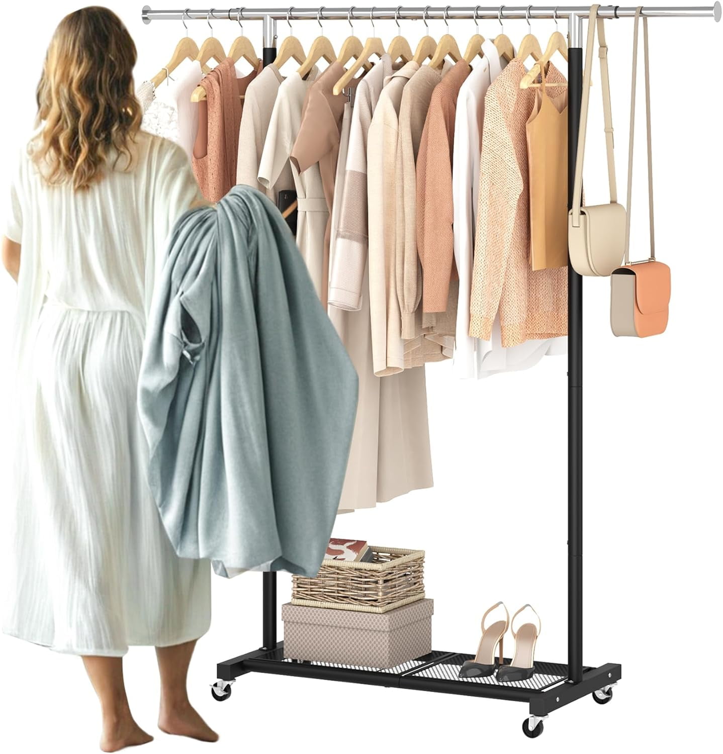 JIUYOTREE Rolling Clothes Rack with Dense Mesh Storage Shelf Clothing ...