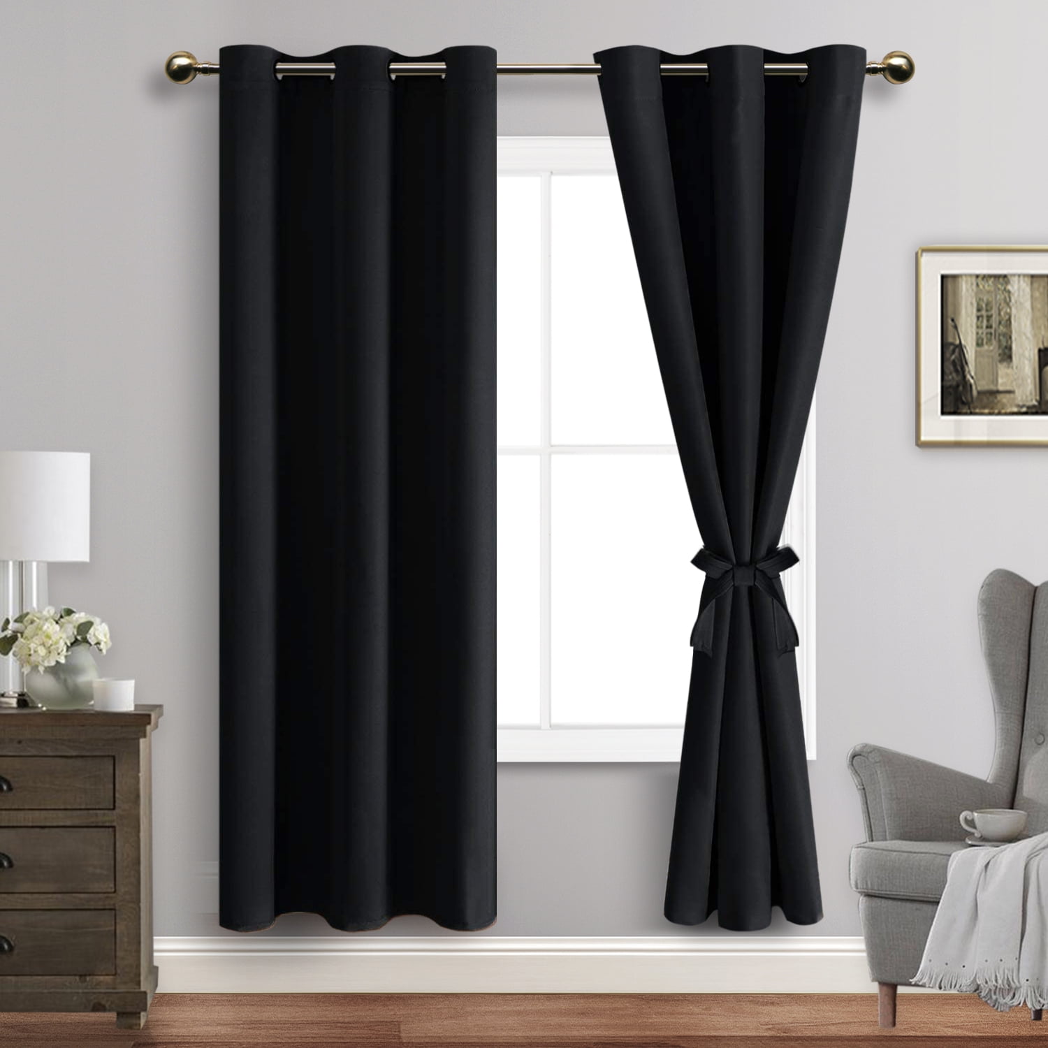JIUZHEN Black Blackout Curtains for Bedroom with Tiebacks - Thermal ...