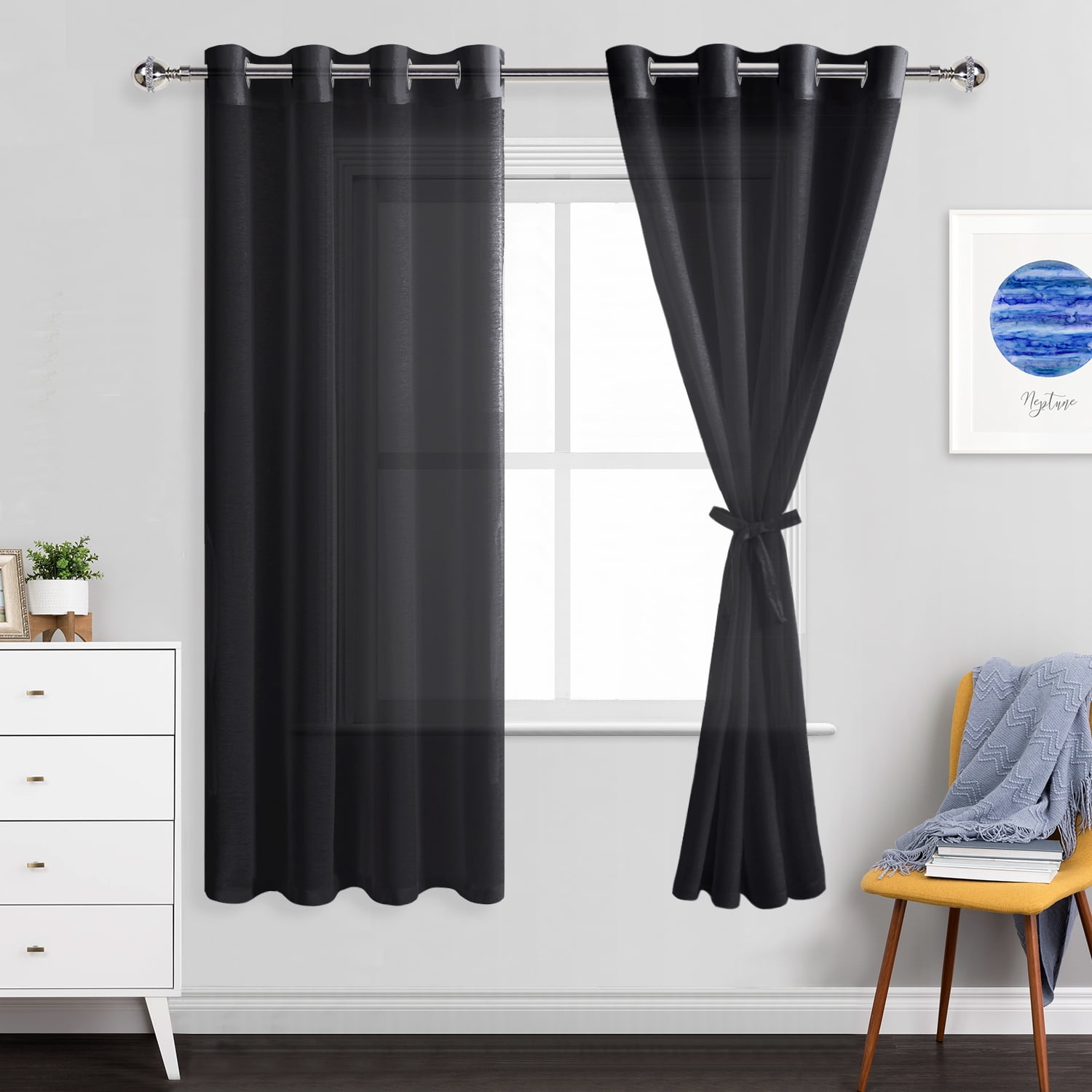JIUZHEN Black Sheer Curtains 72 Inches Long - Semi Transparent Light Filtering Grommet Window ...