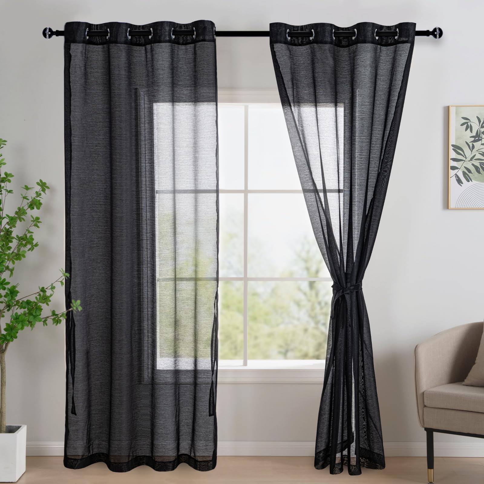 JIUZHEN Black Sheer Curtains 84 Inches, Semi Transparent Grommet Drapes ...